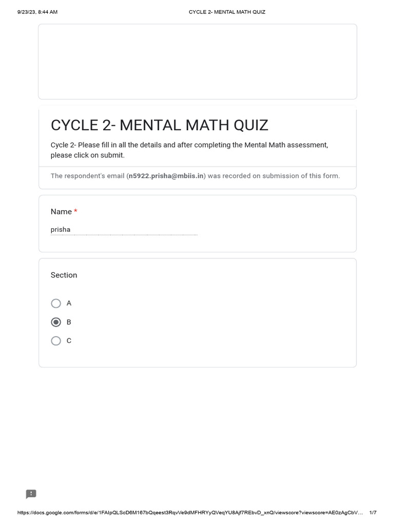 Cycle 2 - Mental Math Quiz | PDF