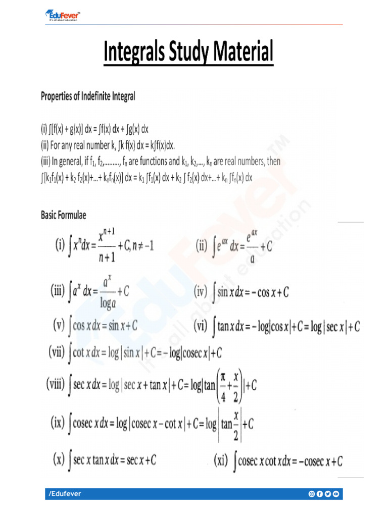 MATHS Chapter 7 Integrals Notes | PDF | Wellness