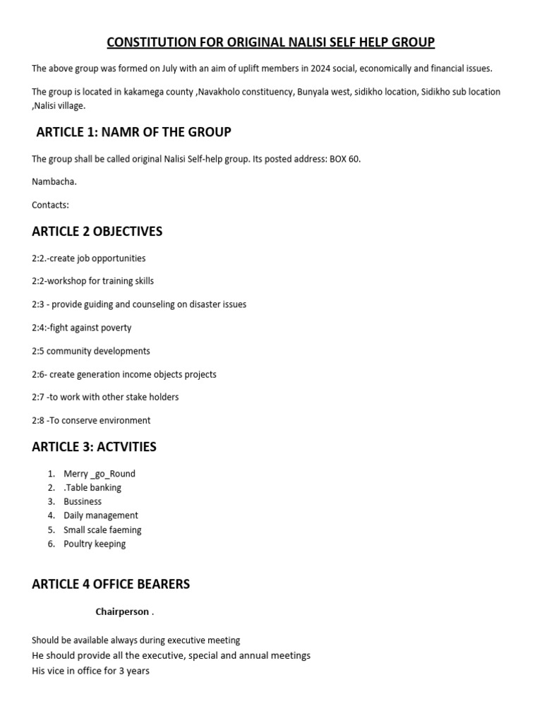 Constitution of Nalisi Self-Help Group | PDF | Government