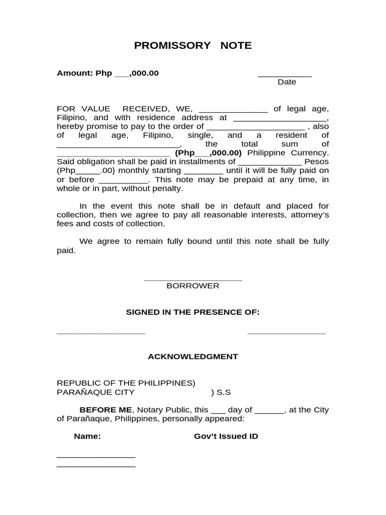 Template Promissory Note | PDF