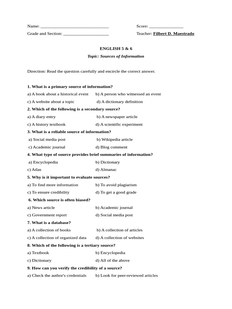 Grade 6 Sources of Information Quiz | PDF | Plagiarism | Information