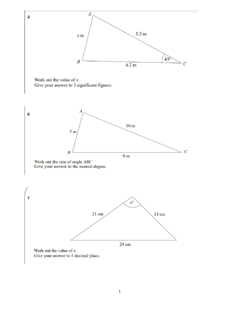 Cosine Rule Worksheet 1 | PDF