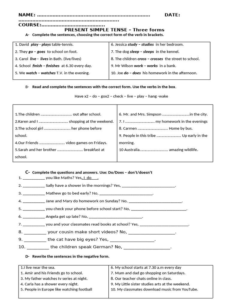 Present Simple 3 Forms Practice | PDF | Syntax | Linguistic Morphology