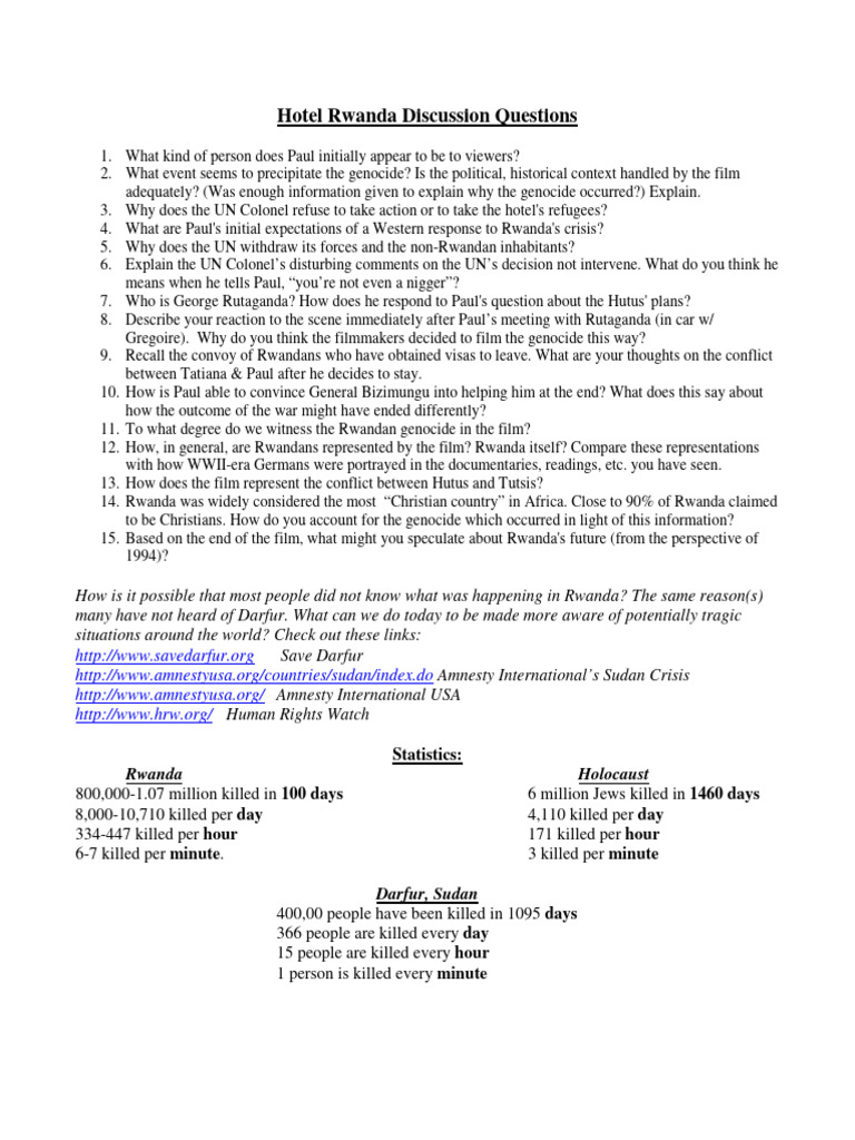 Hotel Rwanda Discussion Questions | PDF | Hutu | Crimes Against Humanity