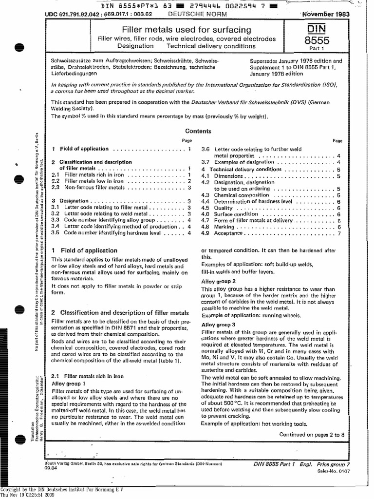 DIN 8555-1-1983, Filler Metals Used For Surfacing | PDF