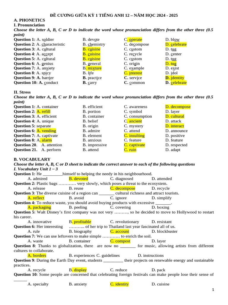 Đề cương giữa kỳ 1 Anh 12 - 2024 2025 | PDF | Water | Forests