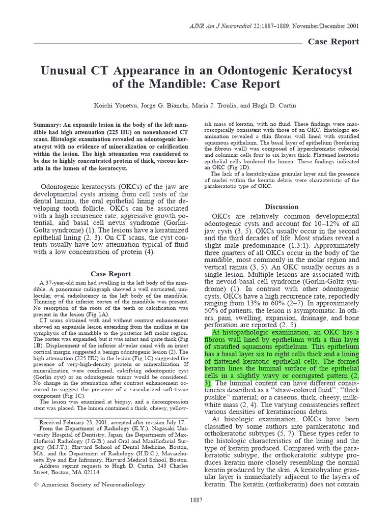 Unusual CT Appearance in An Odontogenic Keratocyst | PDF | Epithelium ...