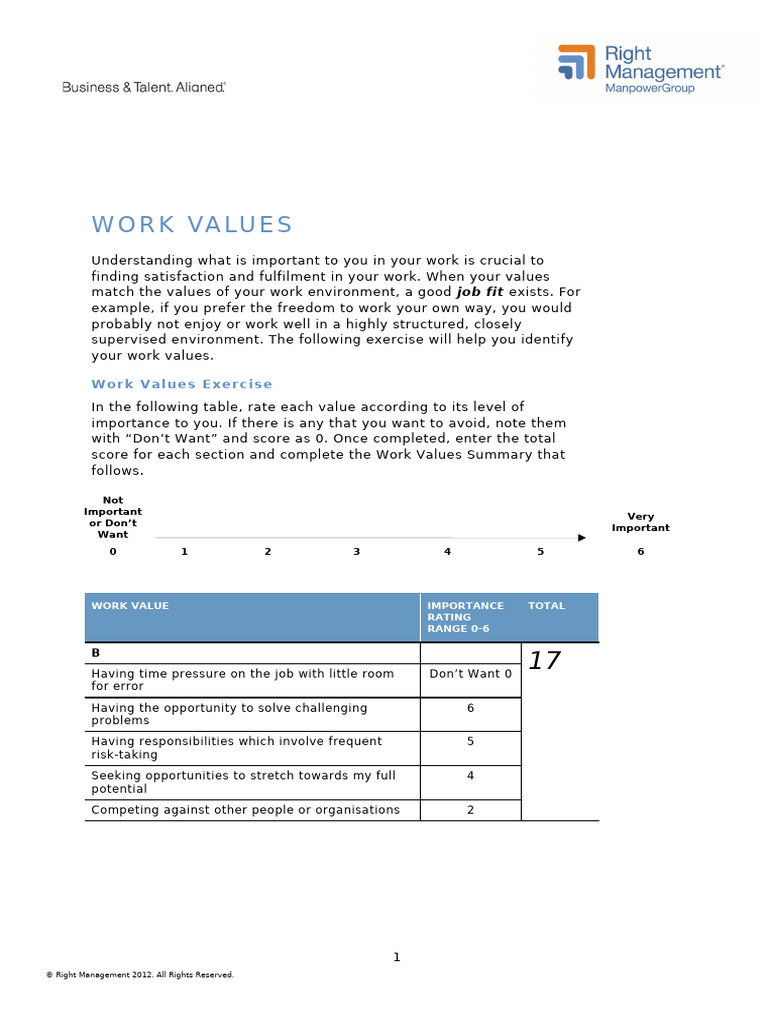Identify Your Work Values Exercise | PDF | Knowledge | Psychology