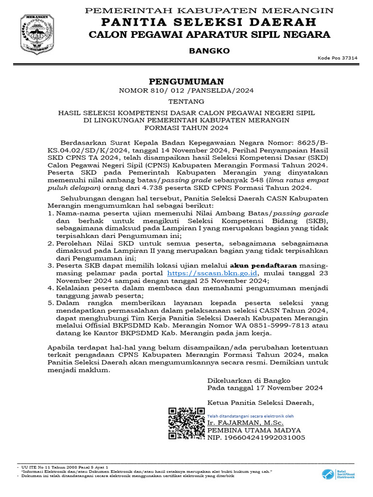 2024 CPNS Merangin Hasil SKD | PDF