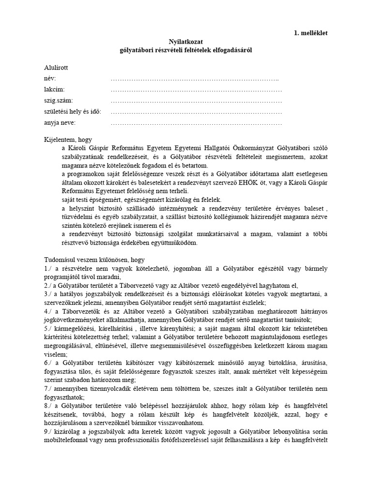 Nyilatkozat Gã Lyatã¡bori rÃ©szvÃ©teli Feltã©telek elfogadÃ¡sÃ¡rÃ L | PDF