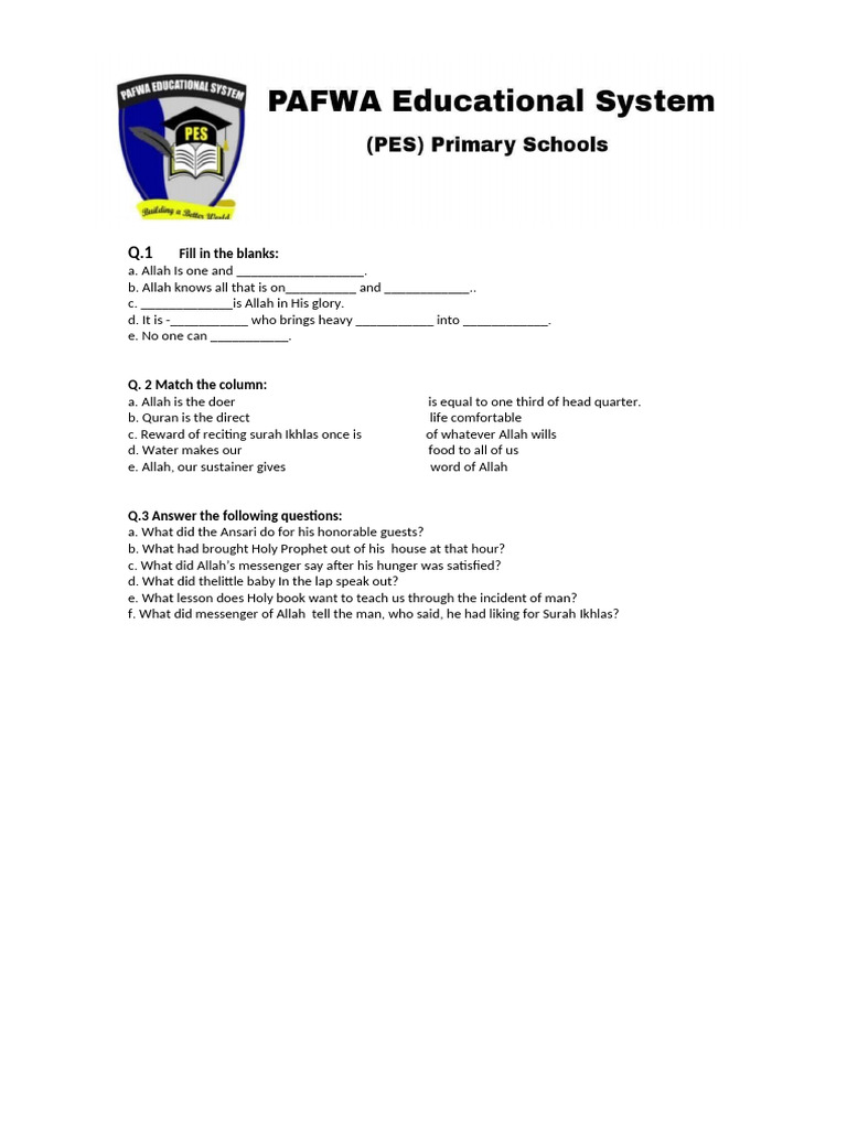 Islamiat Worksheet Grade 5 | PDF | Foreign Language Studies