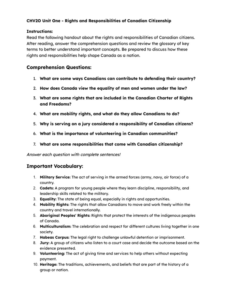 CHV2O Unit One Worksheet Citizenship | PDF