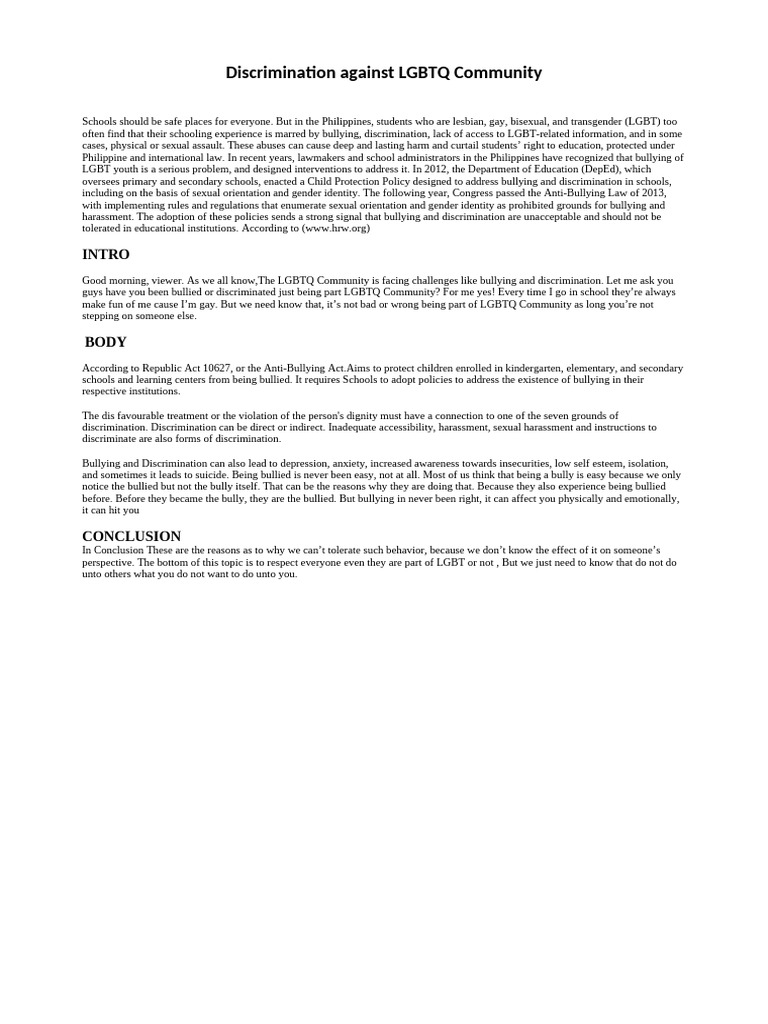 Discrimination Against LGBTQ Community | PDF | Bullying | Lgbt Community