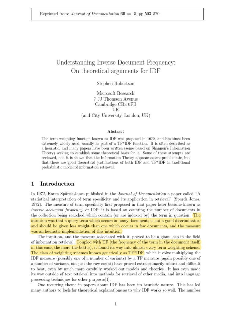 Understanding Inverse Document Frequency On Theoretical Arguments For IDF | PDF | Logarithm ...
