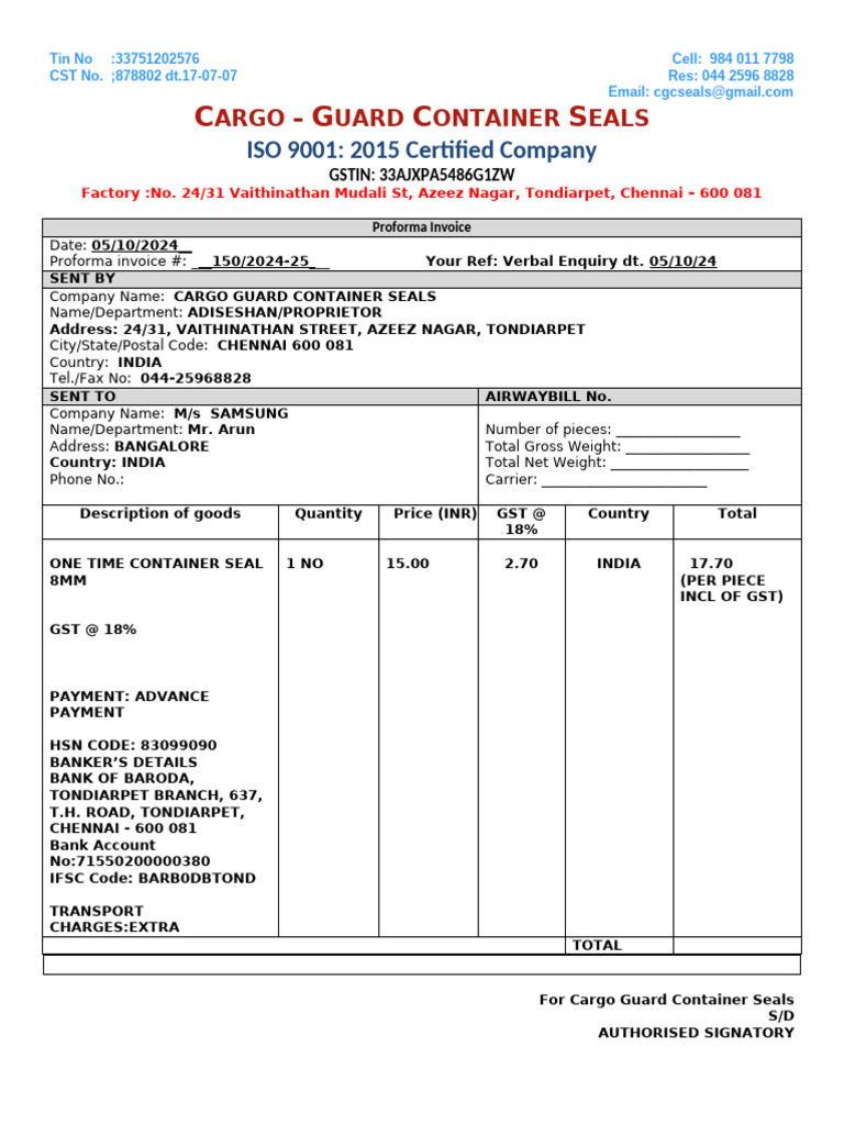 Proforma Invoice-0150-24-25 - Samsung-Bangalore | PDF