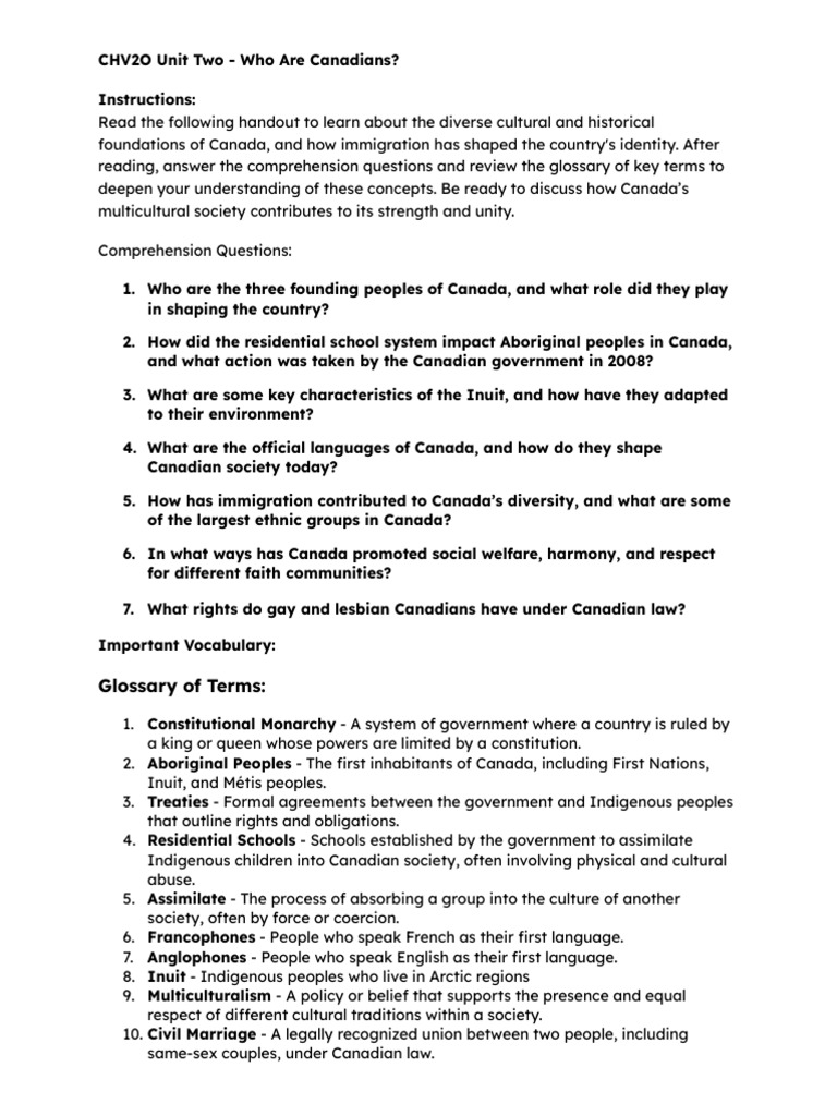 CHV2O - Who Are Canadians Homework Comprehension Questions | PDF ...
