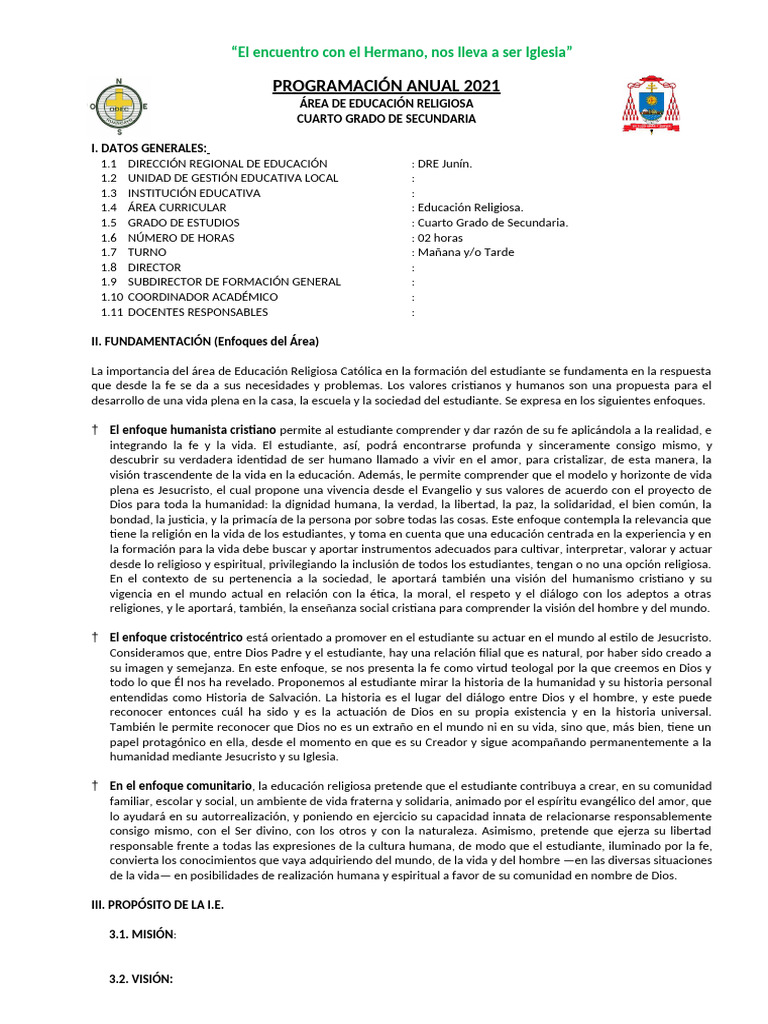 Esquema Programación Anual Cuarto Grado 2020 | PDF | Fe | Iglesia Católica