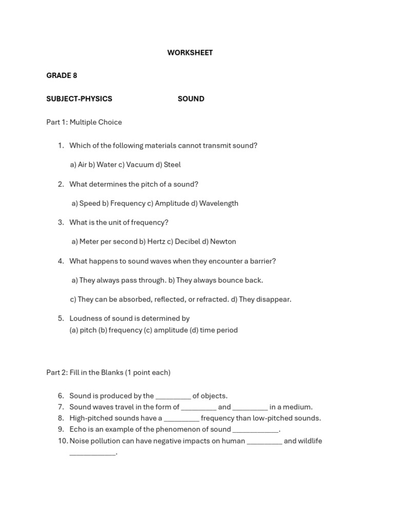 Grade 8 Sound Worksheet with Answers | PDF