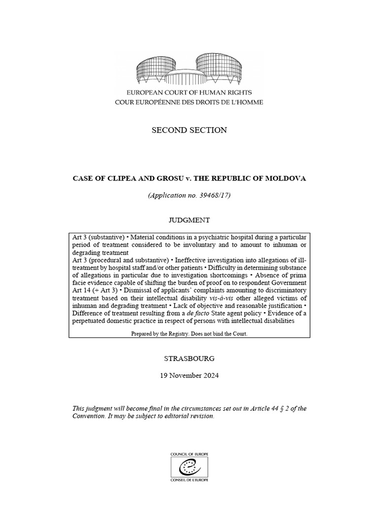 CASE OF CLIPEA AND GROSU v. THE REPUBLIC OF MOLDOVA | PDF | Psychiatry ...