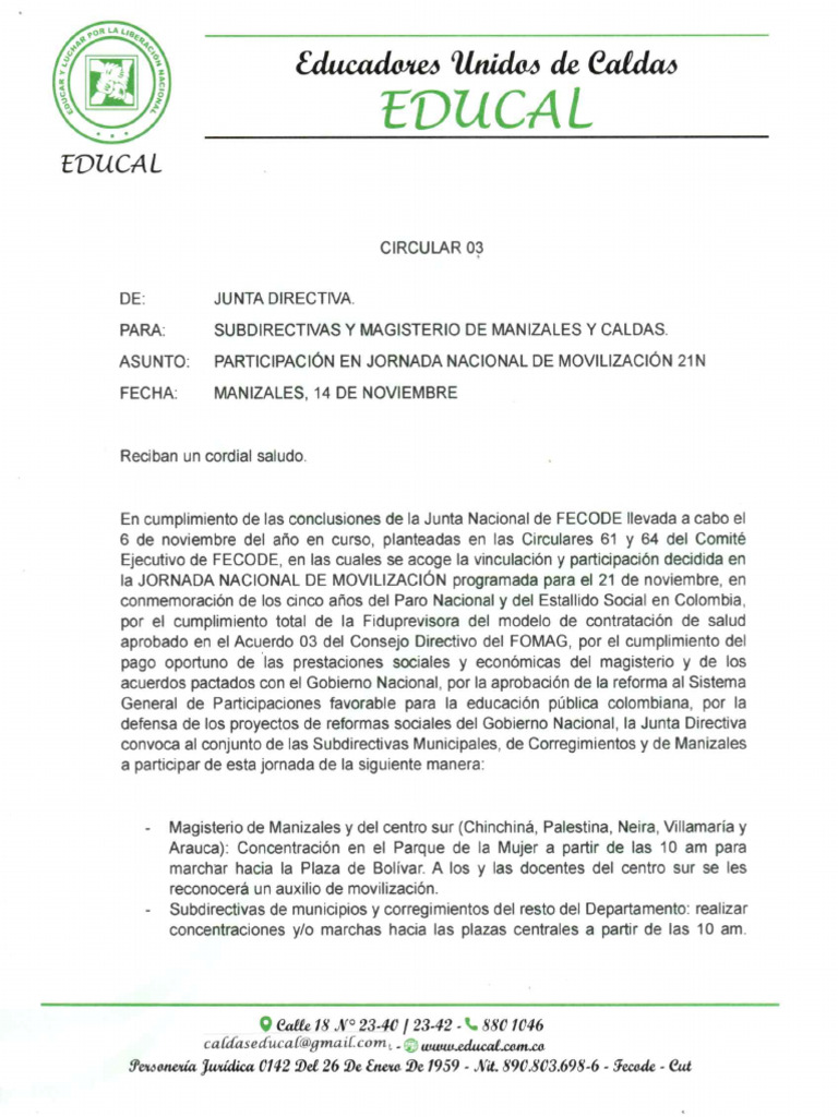 Educal: Circular 03 Participación en Jornada Nacional de Movilización | PDF