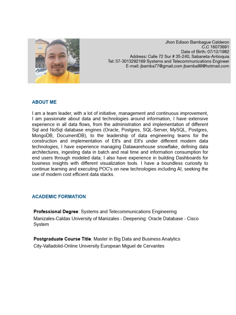 Jhon Edison Bambague CV | PDF | My Sql | Databases