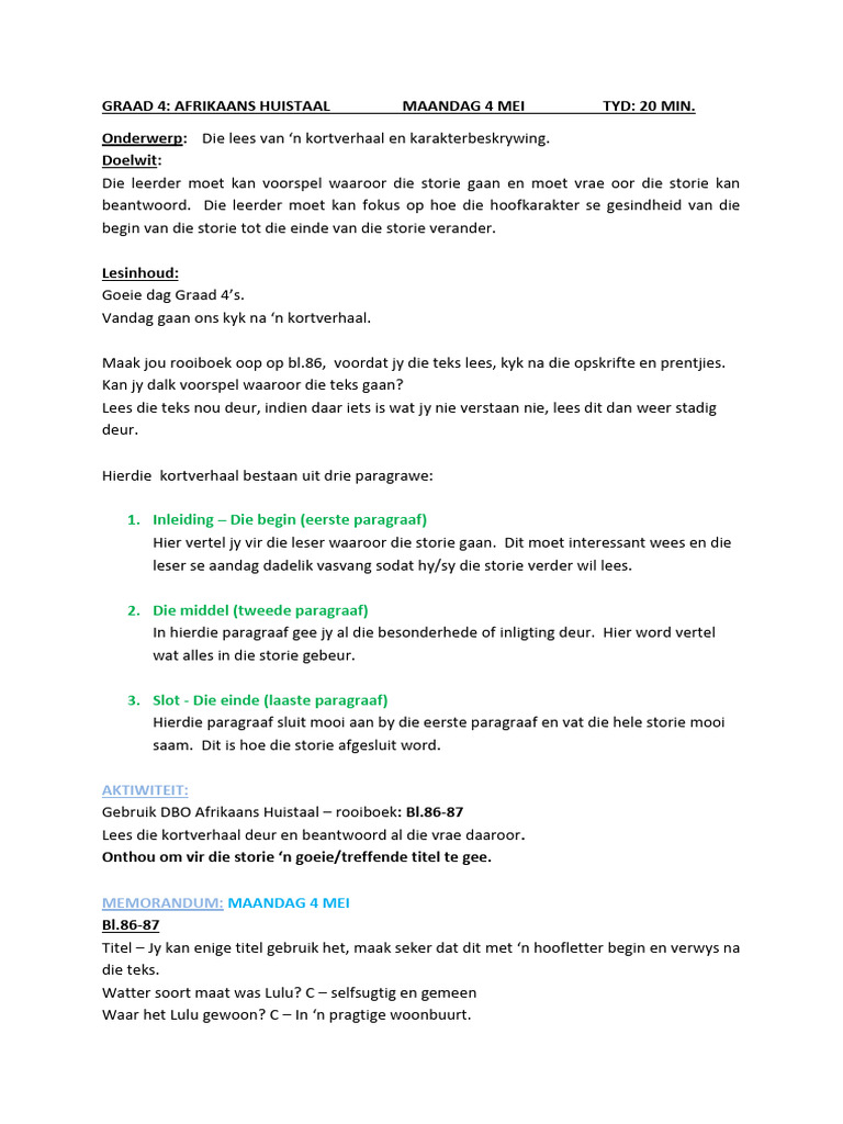 AFRIKAANS - GR.4 4 - 8 Mei | PDF