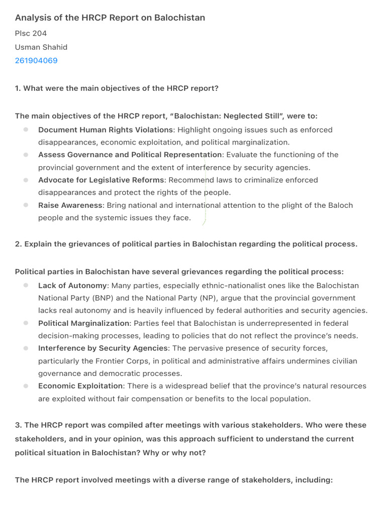 HRCP Report Analysis: Balochistan Issues | PDF | Climate Change ...