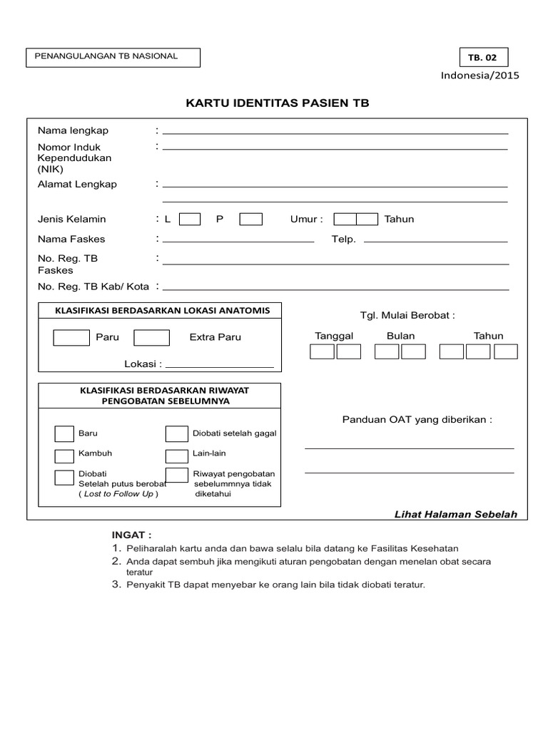 Kartu Identitas Pasien TB: Indonesia/2015 | PDF