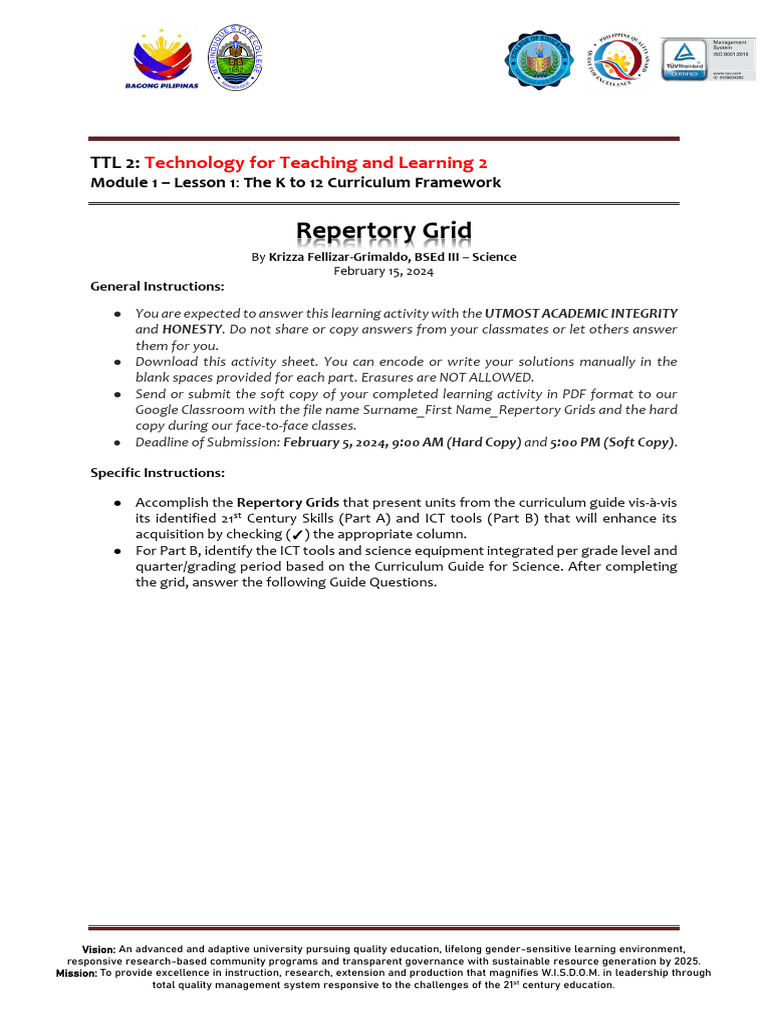 Grimaldo - Krizza - Repertory Grid (Learning Activity No. 1) | PDF ...