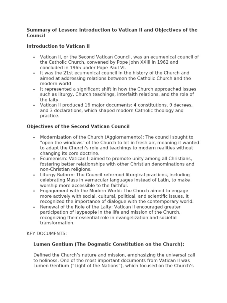 Summary of Lesson. Vatican II | PDF | Catholic Church | Second Vatican ...