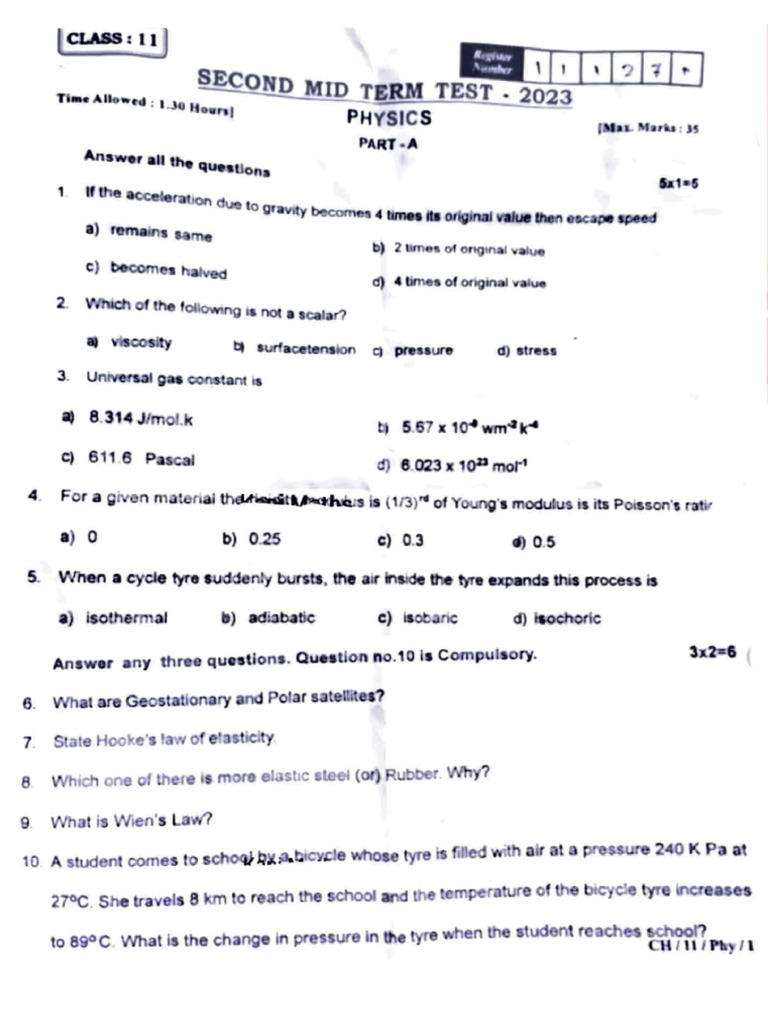 11th Physics EM Second Mid Term Exam 2023 Question Paper Dindigul ...