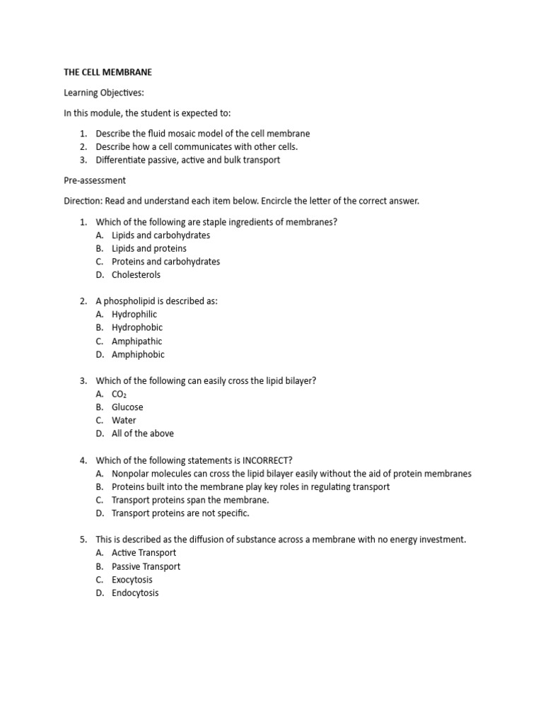 THE CELL MEMBRANE Sample Questions | PDF
