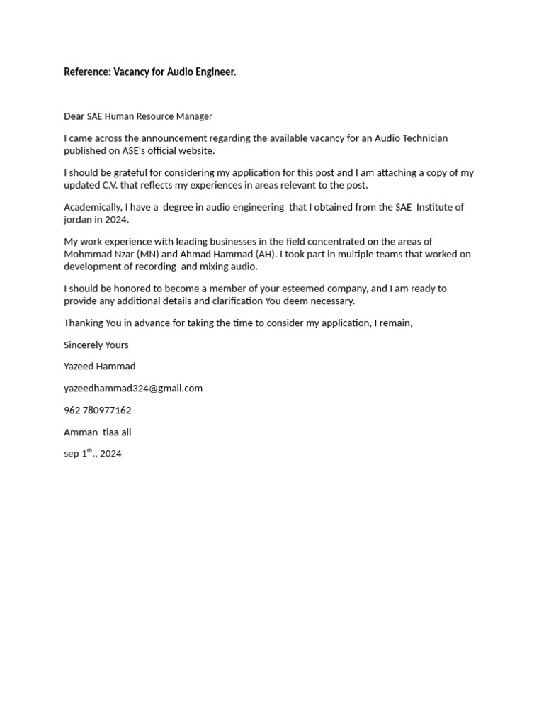 Yazeed Hammd Cover Letter | PDF