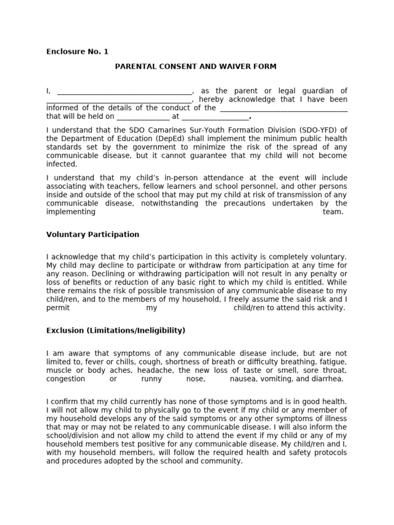 Parental-Consent-and-Waiver-Form | PDF | Infection | Consent
