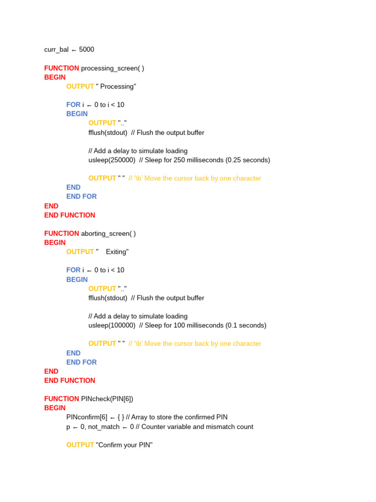 ATM - Functions Functions Pseudocode Edited | PDF | Function (Mathematics) | Software Engineering