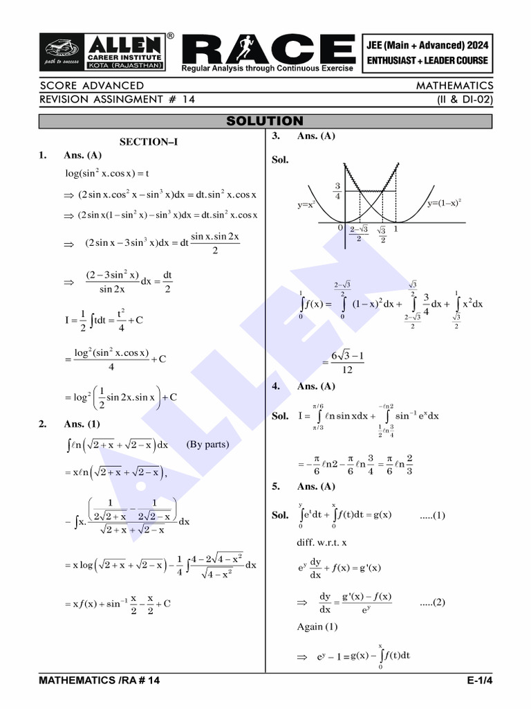 Definite and Indefinite Integral - 02 Solution | PDF | Career & Growth