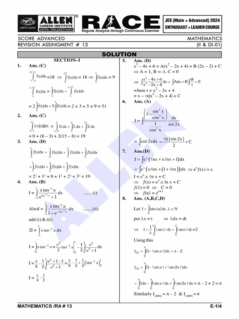 Definite and Indefinite Integral-01 SOLUTION | PDF