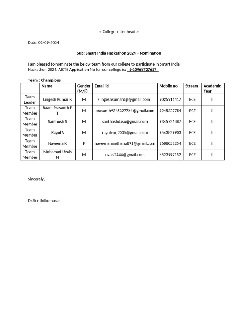 College Authorization Letter - SIH2024 | PDF
