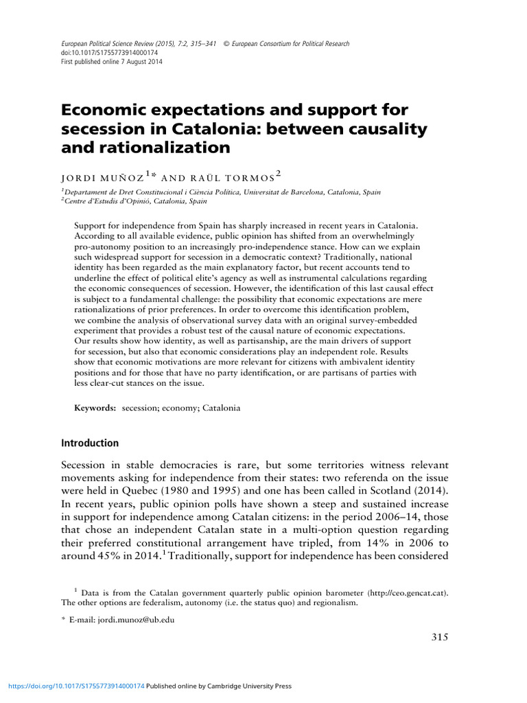 Economic Expectations and Support For Secession in Catalonia Between Causality and ...