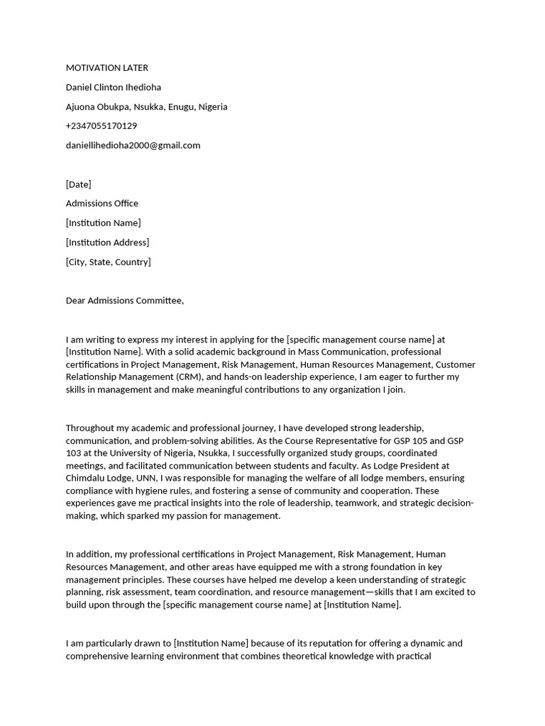 Motivation Letter Sample | PDF | Leadership | Learning