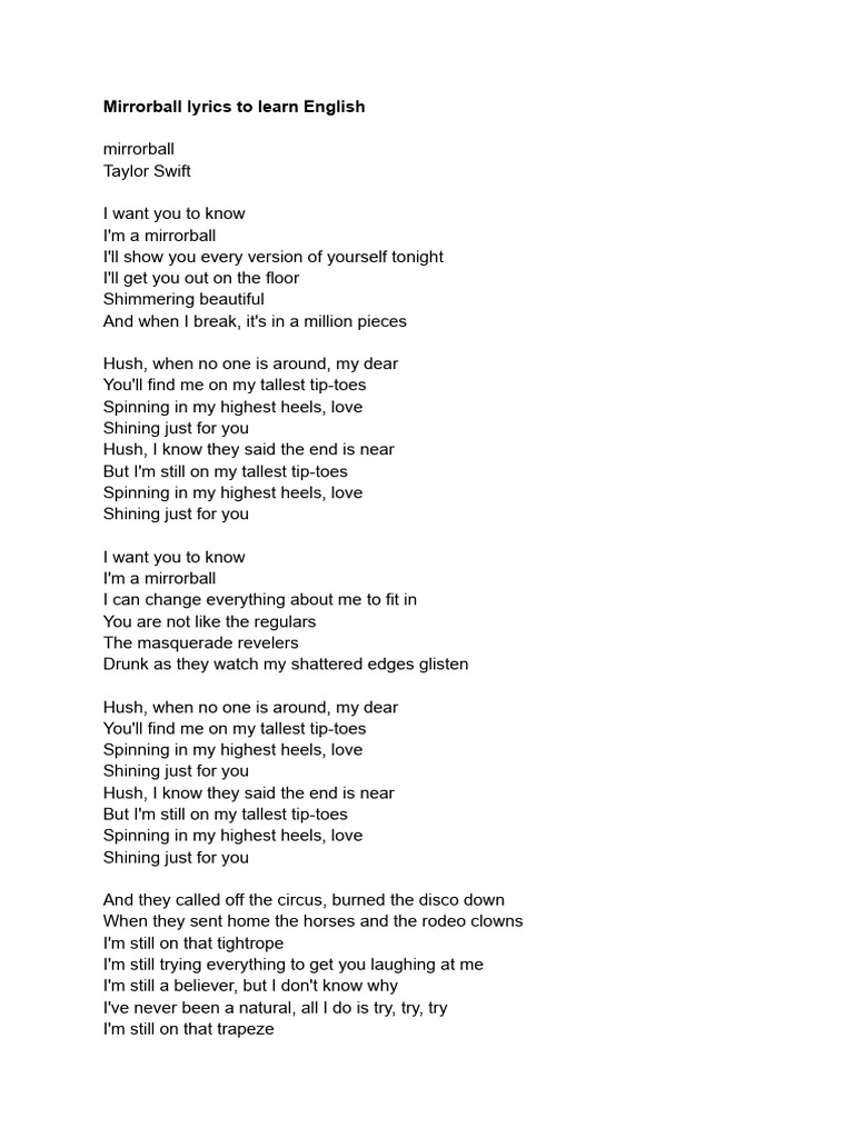 Mirrorball Lyrics To Learn English | PDF