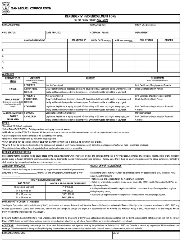 HMO Enrollment Form for Dependents 2022-2023 | PDF | Birth Certificate | Employment