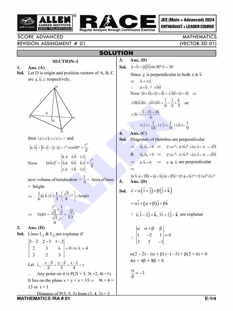 Vector and 3D - 01 Solution | PDF | Law
