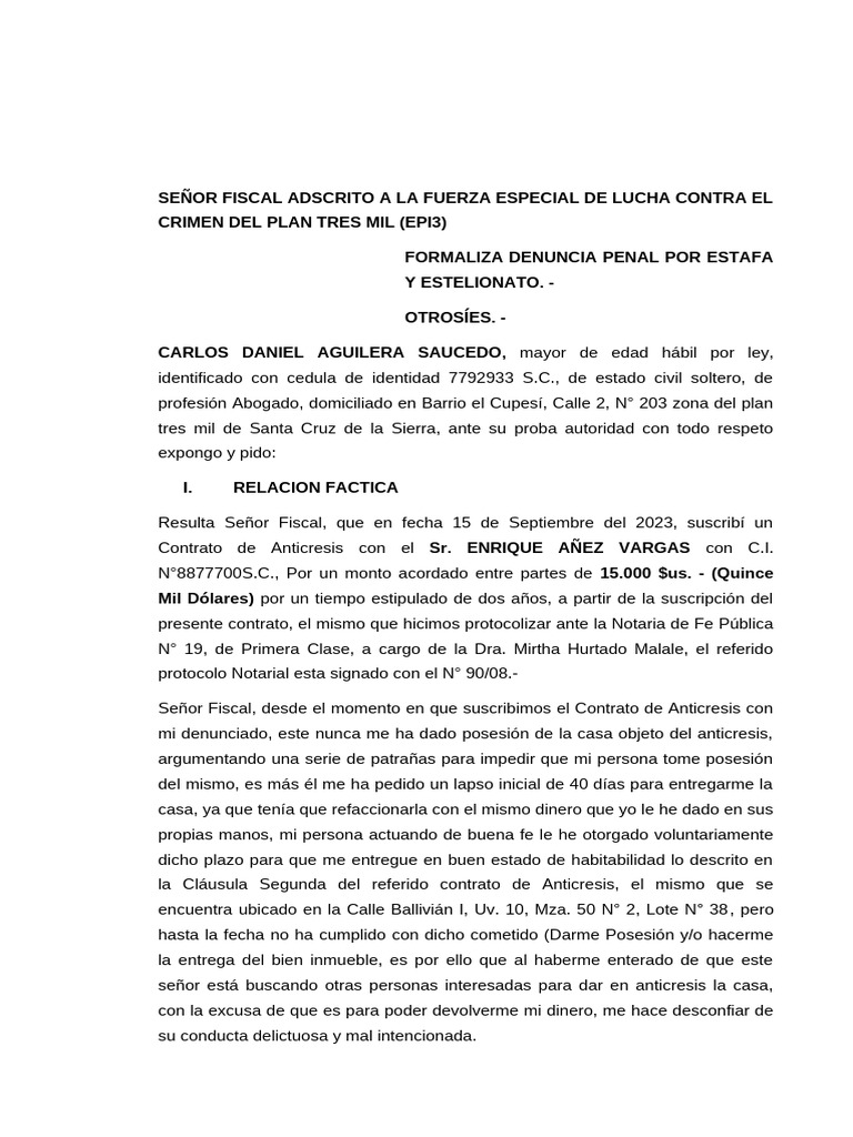 Denuncia, Querrella y Objecion Tfg-1 | PDF | Queja | Intención (Derecho Penal)