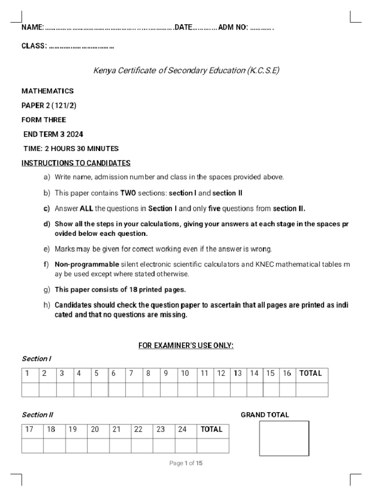 MATHEMATICS F3 PP2 QS - Phoenix | PDF