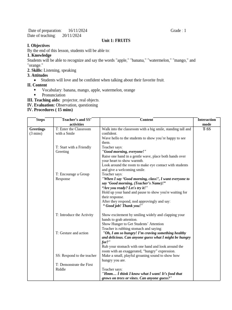 Group 2 - Lesson Plan - Teaching English To Young Learners | PDF | Mango | Watermelon