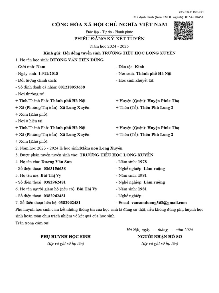 PhieuThongTinHocSinh Duongvantiendung 38LL | PDF