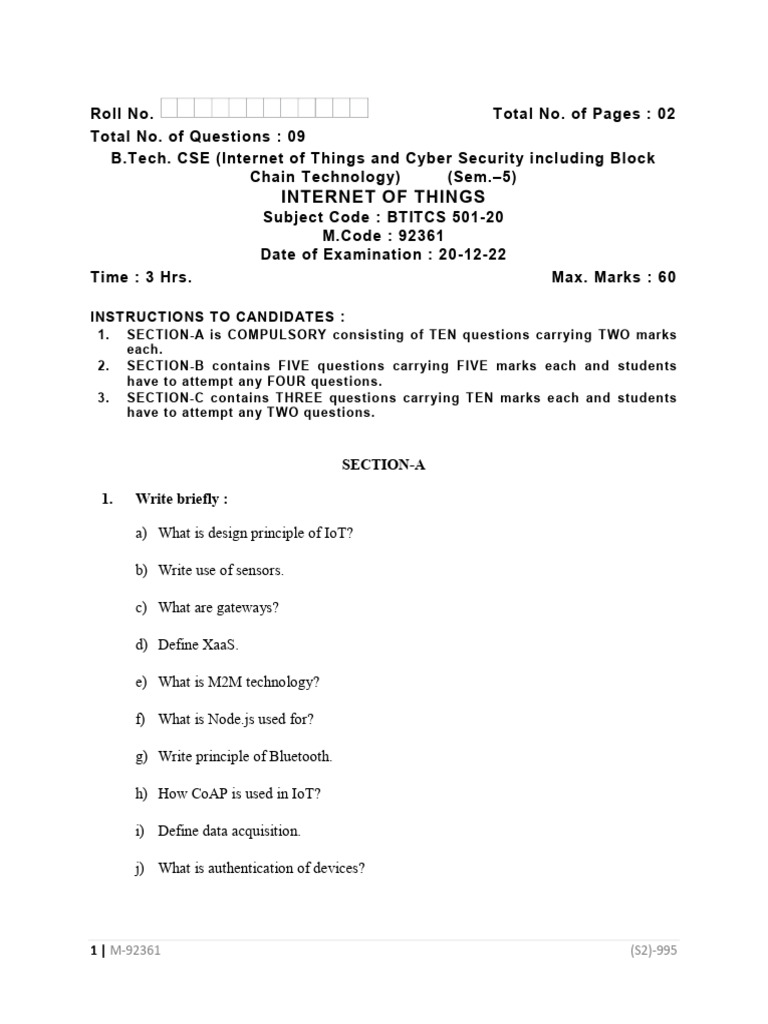 IoT Exam Paper: Concepts & Applications | PDF