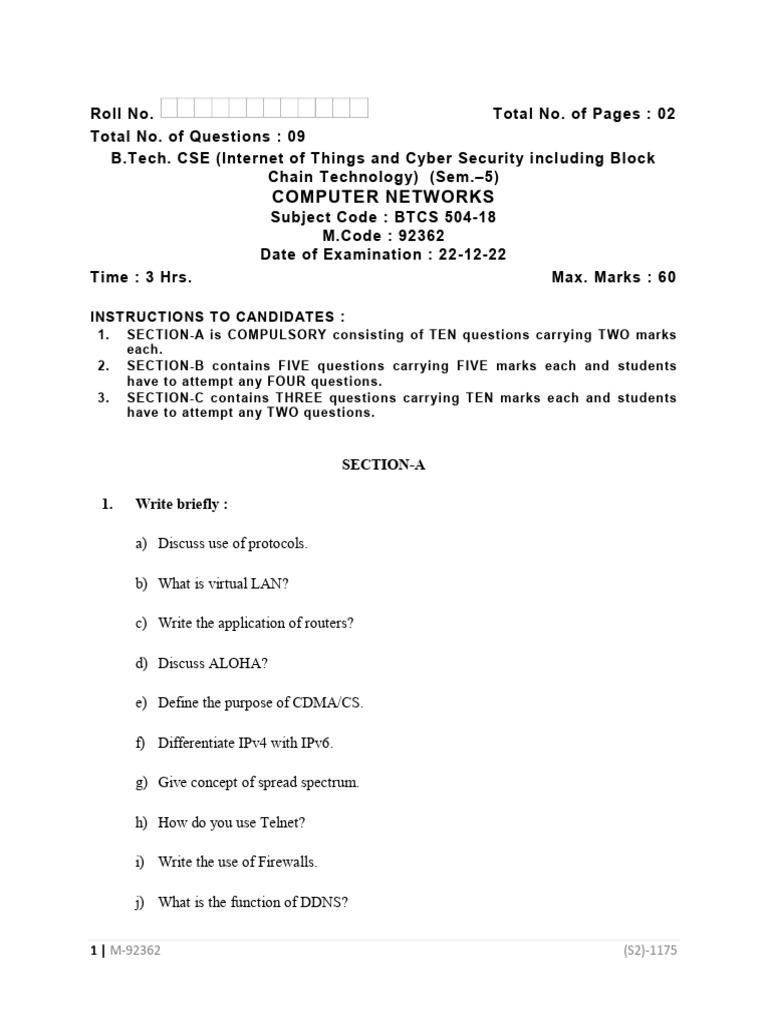 Computer Networks Exam Paper BTCS 504-18 | PDF
