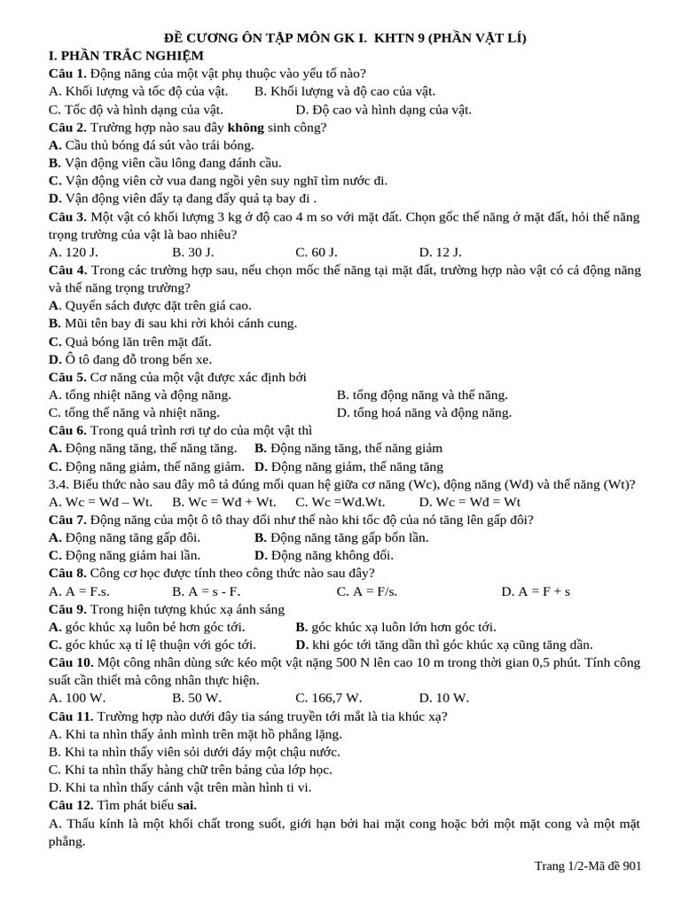 HS.đc Ôn Tập KHTN 9 Phần Vật Lí GK 1. 2024.2025 | PDF